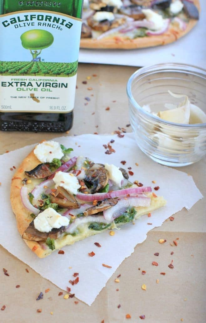 Easy Goat Cheese Pizza with Spinach, Mushrooms, & Onion