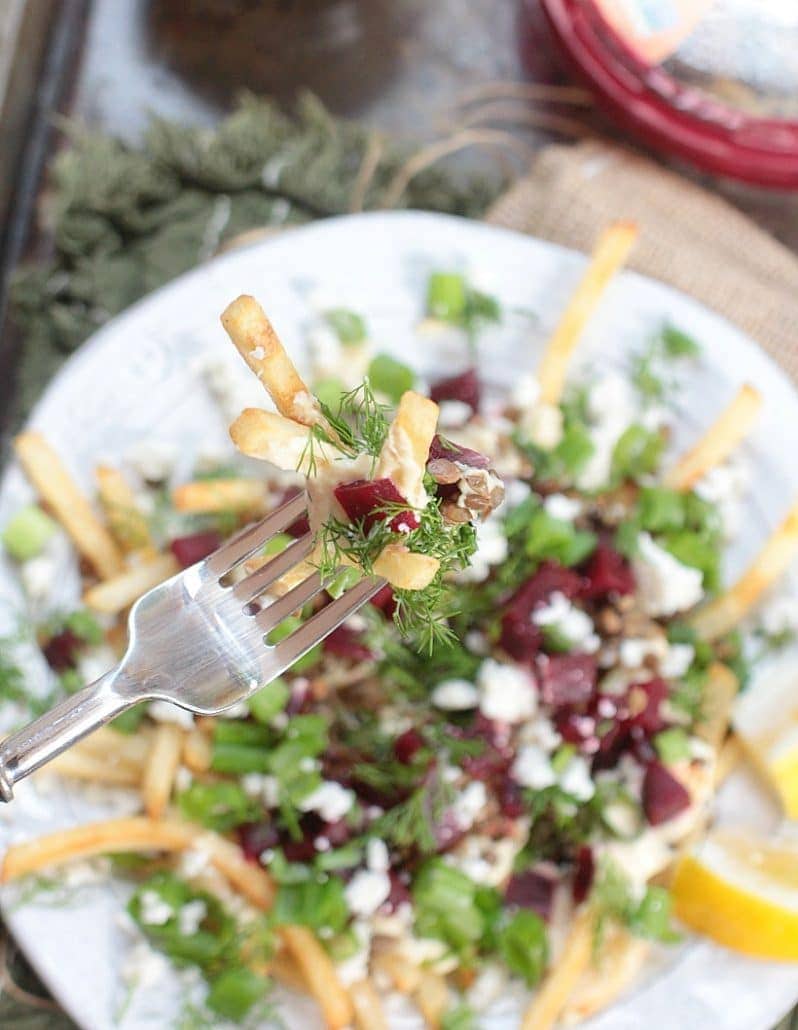 Healthy Loaded Fries w/ Lemony Hummus Sauce, Mediterranean Style